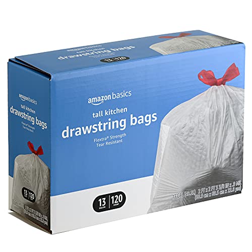 Amazon Basics Flextra Tall Kitchen Drawstring Trash Bags, 13 Gallon, 120 Count