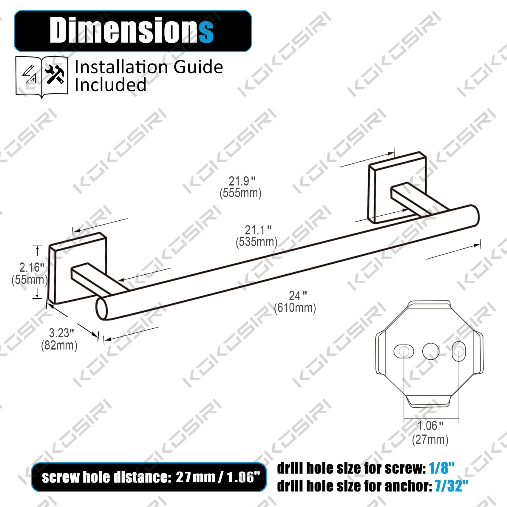 KOKOSIRI Towel Rails Bathroom Towel Bars Matte Black 24 Inch Bath Towel Holder for Cabinet Kitchen Wall Stainless Steel B4005BK-L24