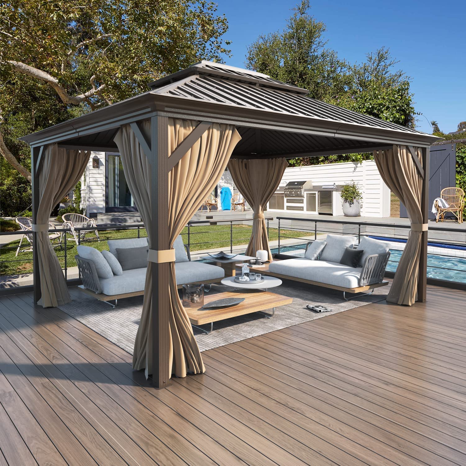 YOLENY 12x14FT Hardtop Gazebo, Galvanized Steel Double Roof Canopy with Netting and Curtains, Permanent Metal Pavilion Gazebos with Aluminum Frame for Patio Backyard Deck and Lawns