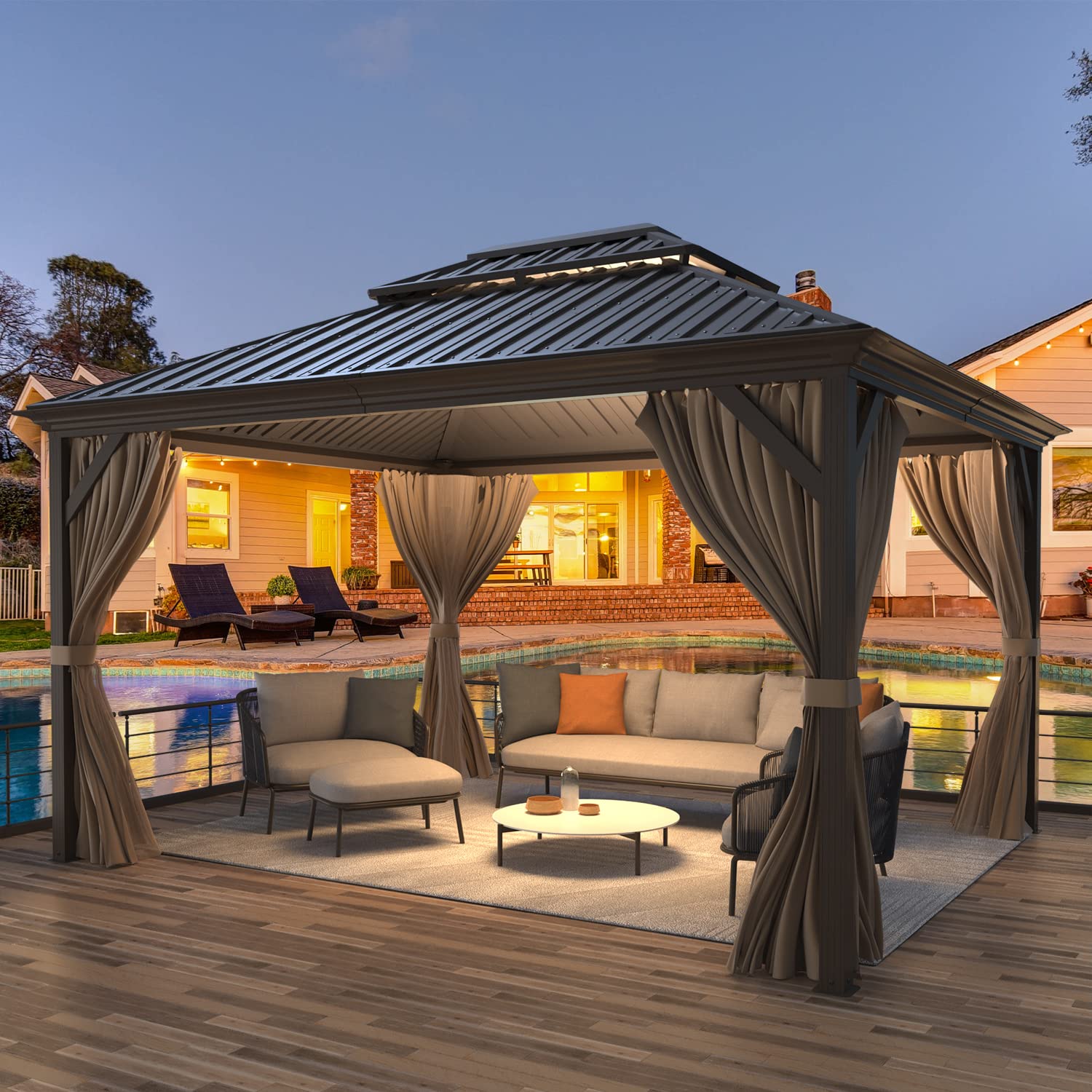 YOLENY 12x14FT Hardtop Gazebo, Galvanized Steel Double Roof Canopy with Netting and Curtains, Permanent Metal Pavilion Gazebos with Aluminum Frame for Patio Backyard Deck and Lawns