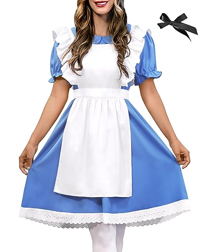 Spadehill Women's Halloween Puff Sleeve Lace Hemline Costume Alice Adult Princess Cosplay Dress Blue White S
