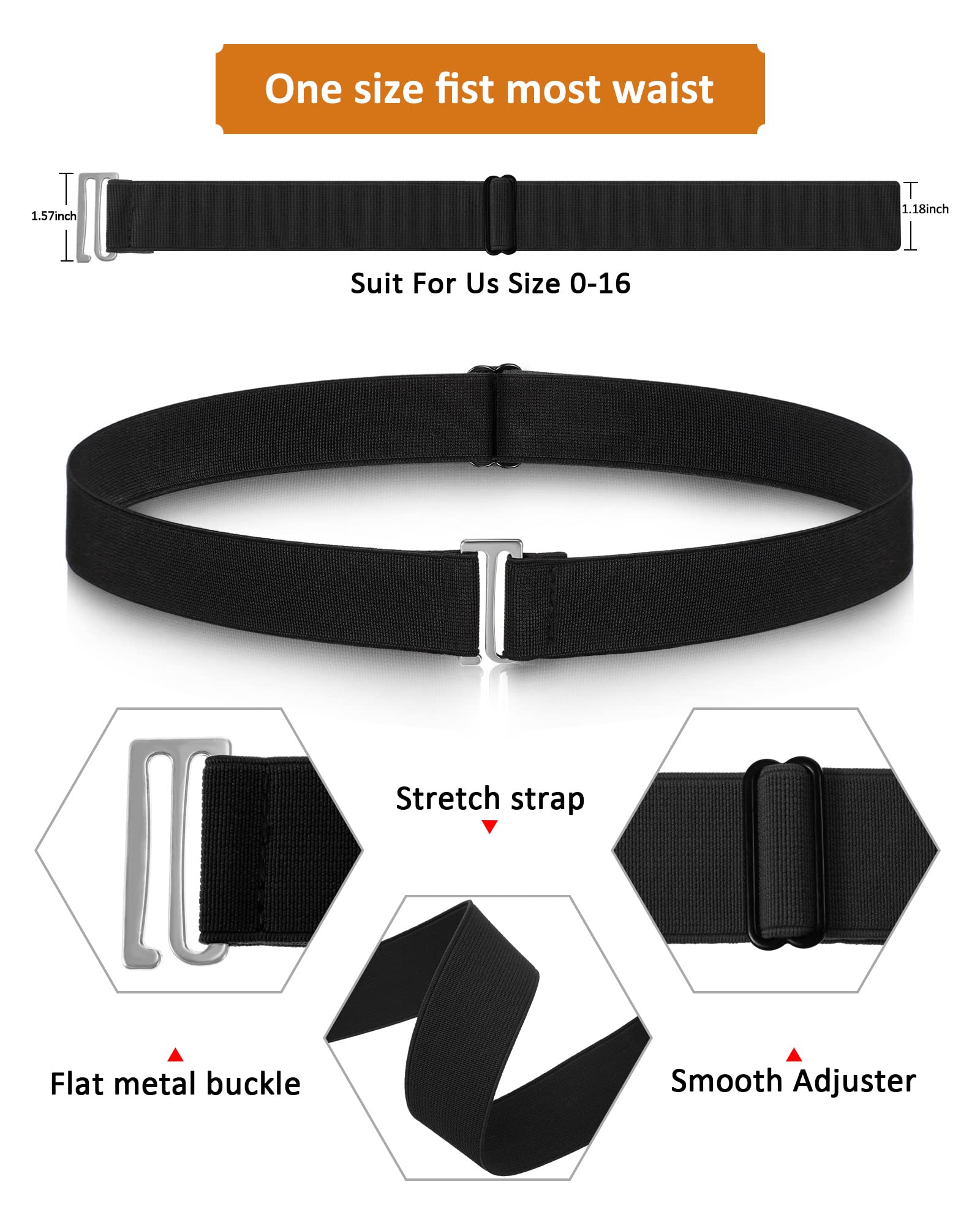 SATINIOR 2/3/4 Pack Women Elastic Stretch Belt Invisible Belts with Flat Buckle for Jeans Pants Dresses(Black,4 Pack)