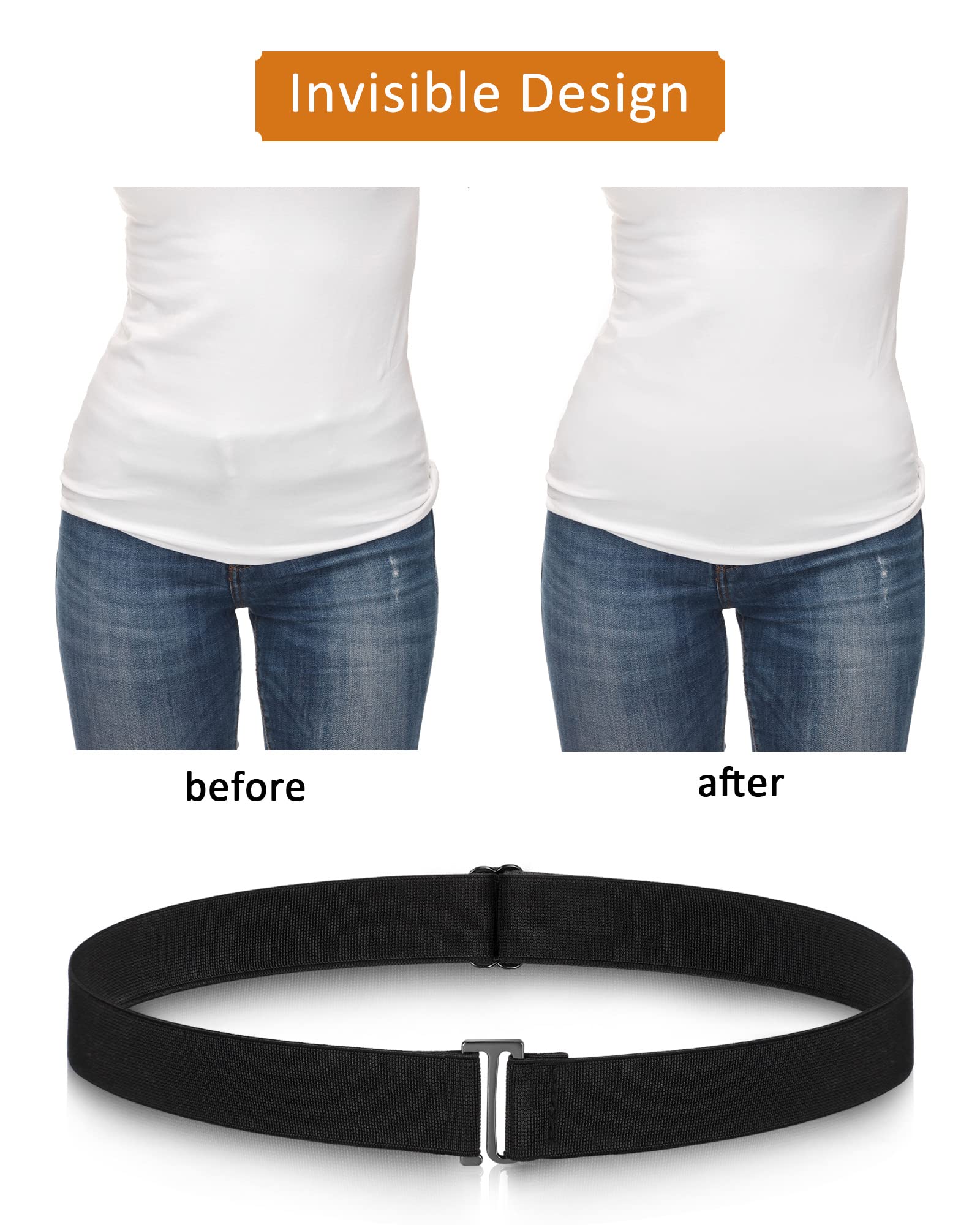 SATINIOR 2/3/4 Pack Women Elastic Stretch Belt Invisible Belts with Flat Buckle for Jeans Pants Dresses(Black,4 Pack)