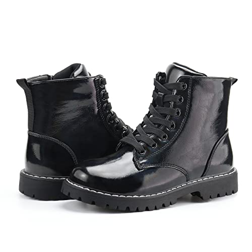 firelli Kids Ankle Boots Boys Girls Side Zipper Lace Up Work Boots Combat Boots (3 US,Black)