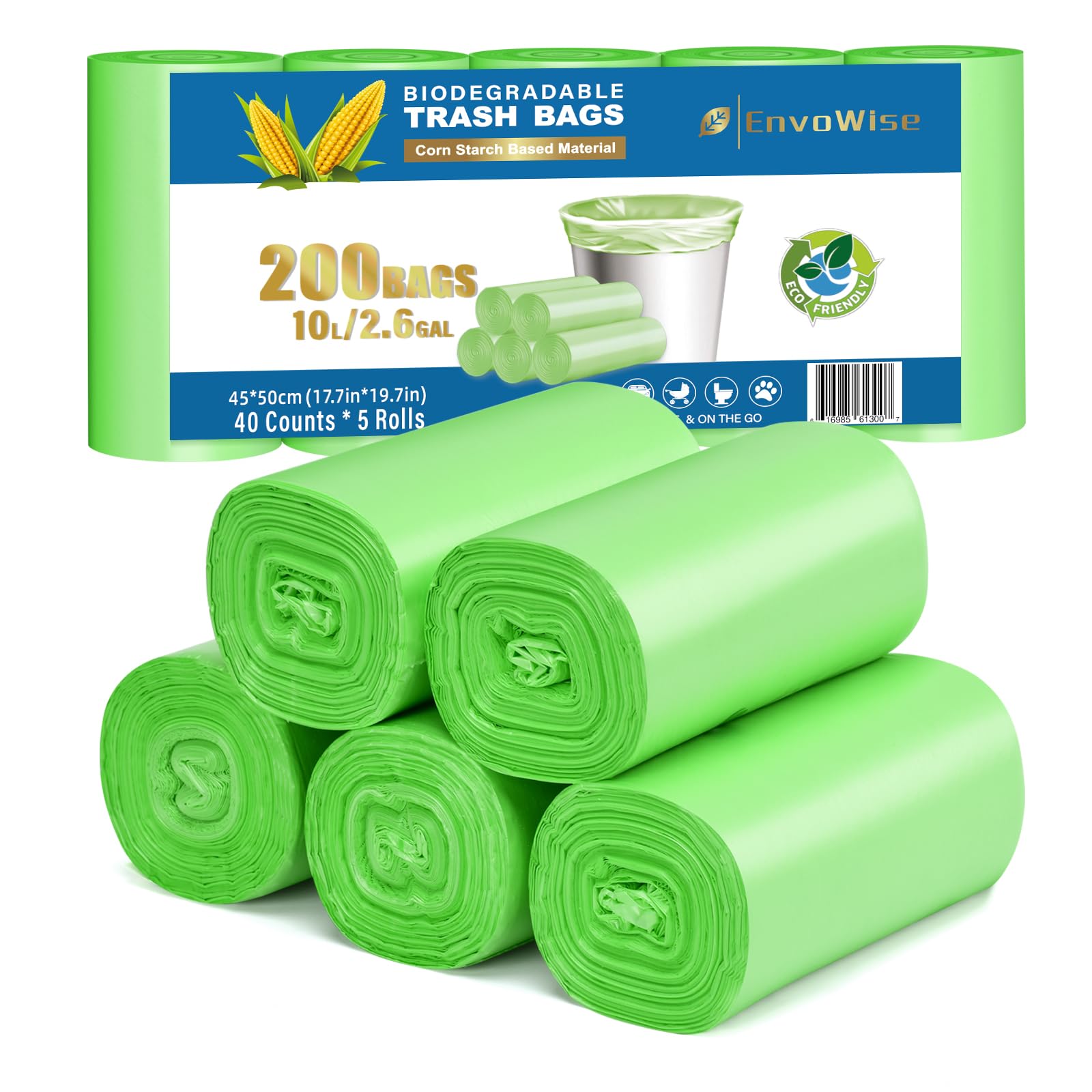 [200 Counts] 2.6 Gallon Biodegradable Trash Bags | Eco-Friendly, Unscented, 10L Small Size Bags for Bathroom Bedroom Office Kitchen Trash Can | Compostable Garbage Bag by EnvoWise