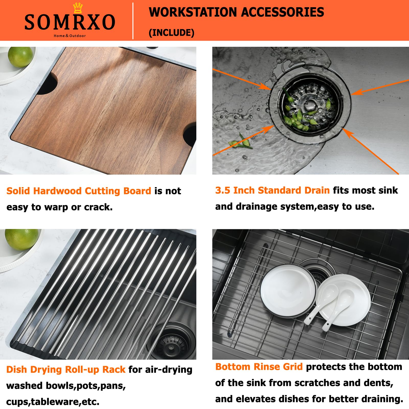 SOMRXO 20x18 Inch Undermount Workstation Bar Sink - 16-Gauge Gunmetal Black Stainless Steel, Single Bowl Compact Design for Outdoor, RV & Small Kitchens