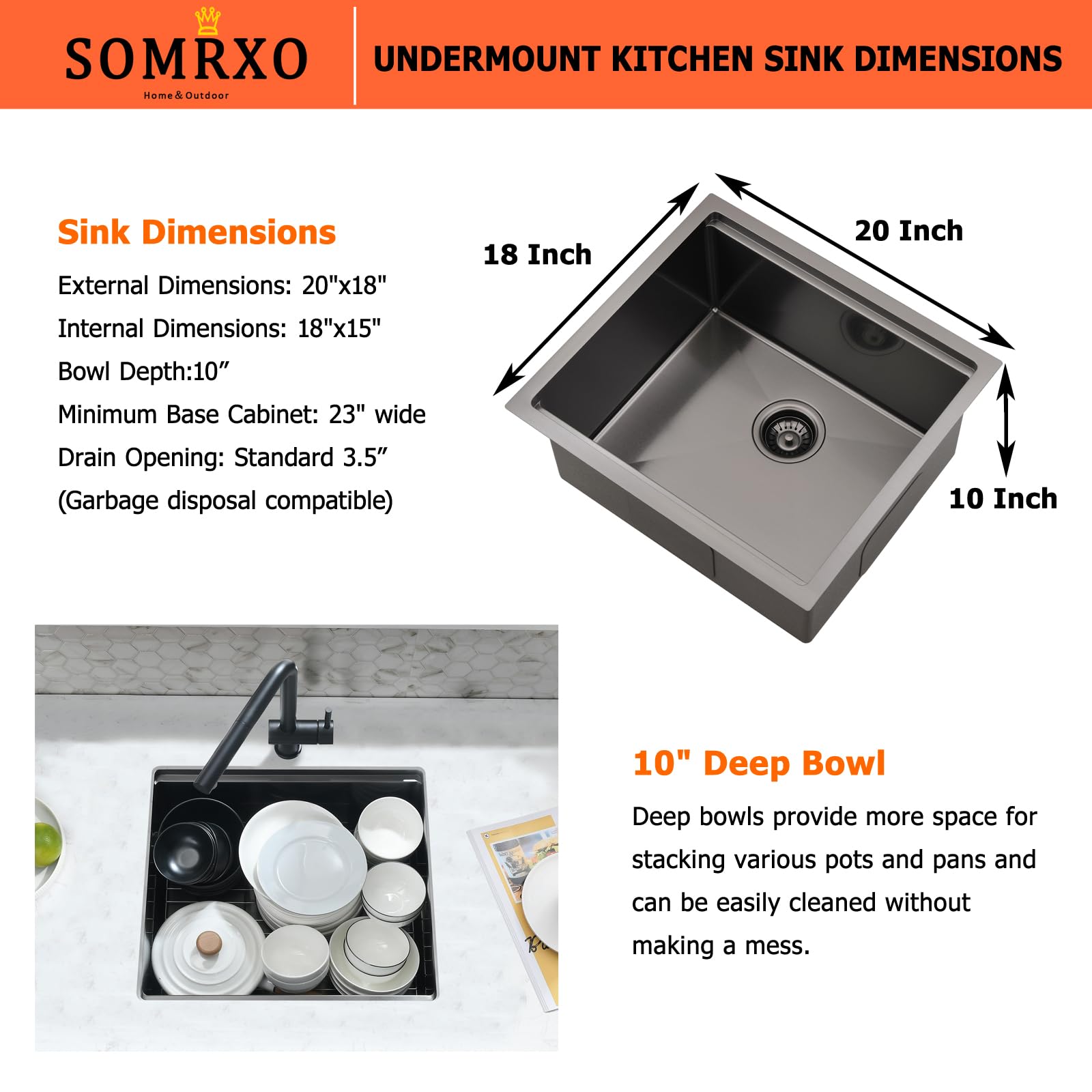 SOMRXO 20x18 Inch Undermount Workstation Bar Sink - 16-Gauge Gunmetal Black Stainless Steel, Single Bowl Compact Design for Outdoor, RV & Small Kitchens