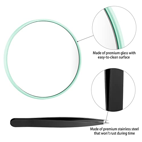 Funtopia Magnifying Mirror and Tweezers Kit, 10X and 20X Magnifying Makeup Mirrors with 2 Suction Cups, Compact Round Mirror Portable Magnifier Travel Set (Green)