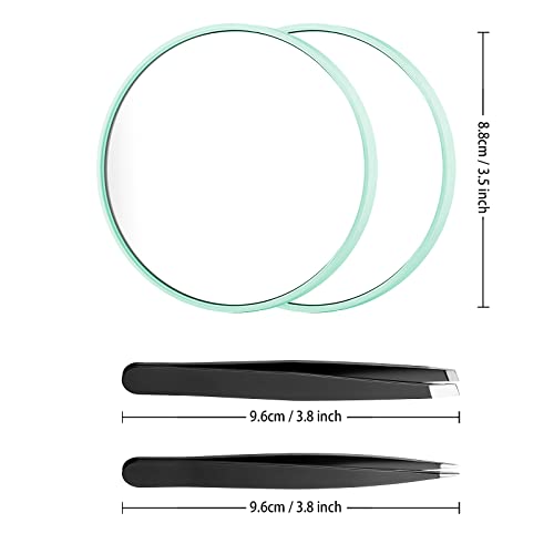 Funtopia Magnifying Mirror and Tweezers Kit, 10X and 20X Magnifying Makeup Mirrors with 2 Suction Cups, Compact Round Mirror Portable Magnifier Travel Set (Green)