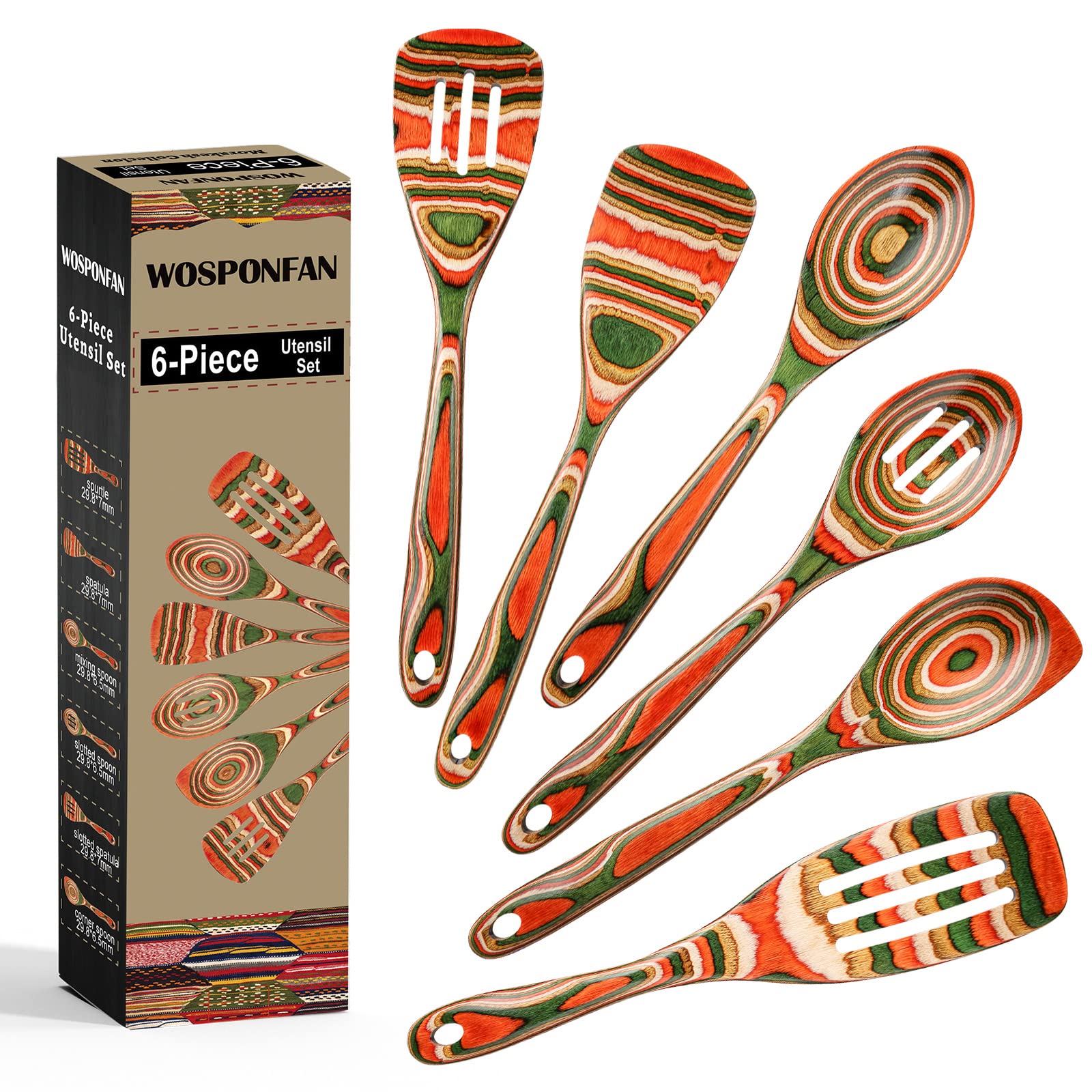 Wooden Spoons for Cooking, WOSPONFAN Kitchen Utensils Set, Pakkawood Kitchen Cooking Utensils Set, Apartment Essentials Wood Serving Spatula spoon, Salad Tongs, Home & kitchen Gift for Women