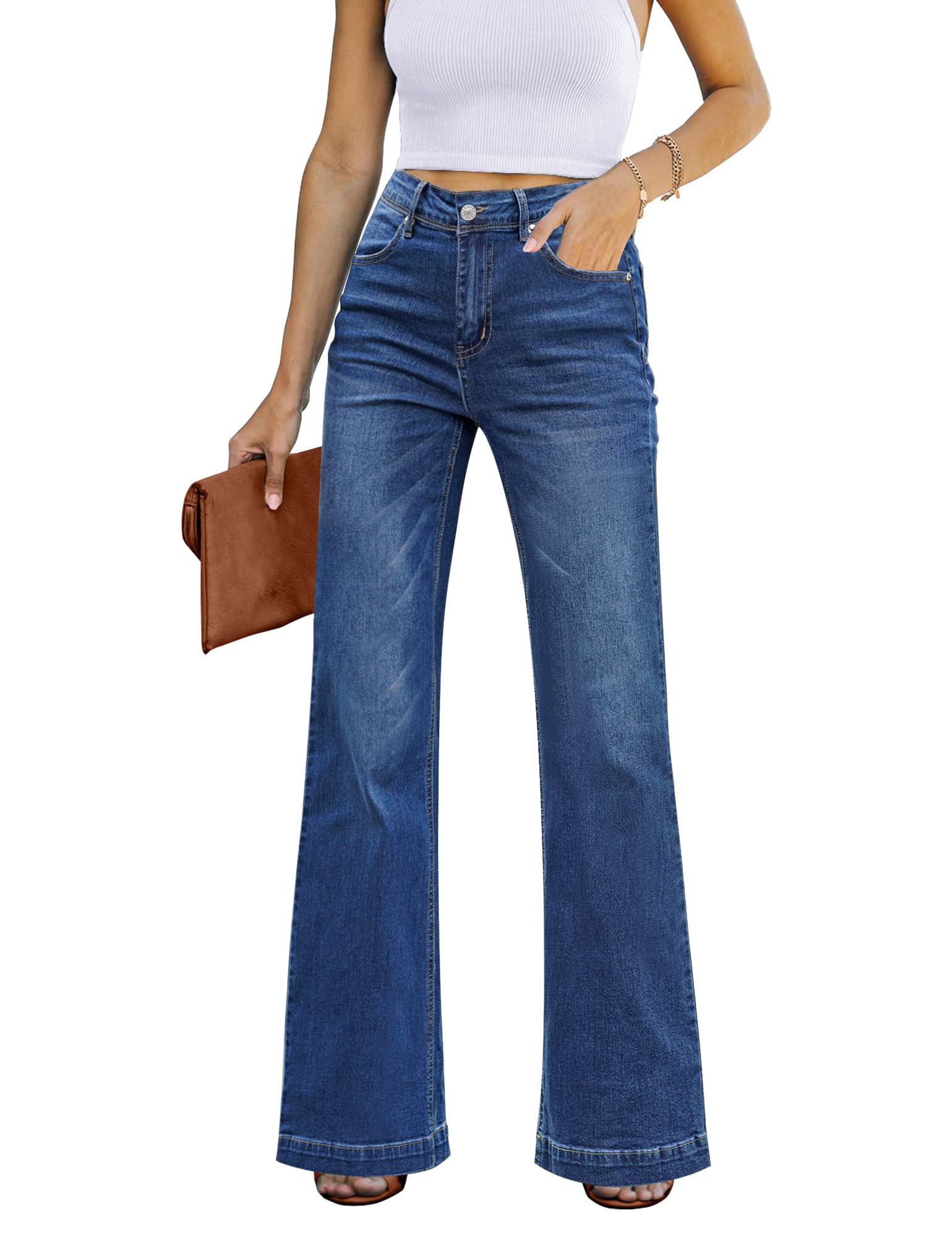 GRAPENT Plus Size Jeans, High Waisted Flare Ripped Stretch Jeans 70s Outfits, Size 12 Wide Leg Pants for Women Color Dark Blue Size 14
