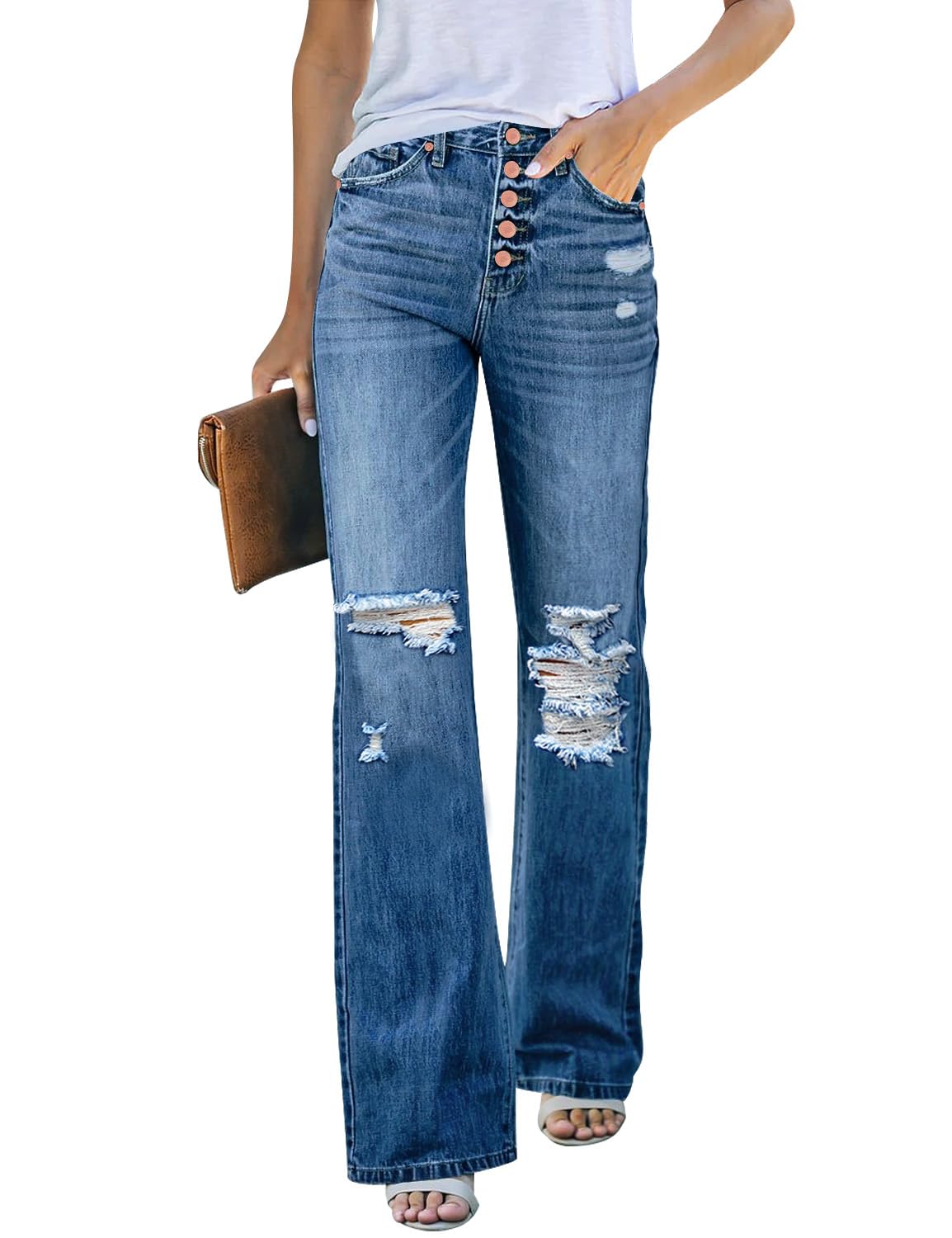 LookbookStore Frayed High Waisted Straight Leg Jeans Stretch Ripped Pants Lapis Longing Size XX-Large Fits Size 16 Size 18