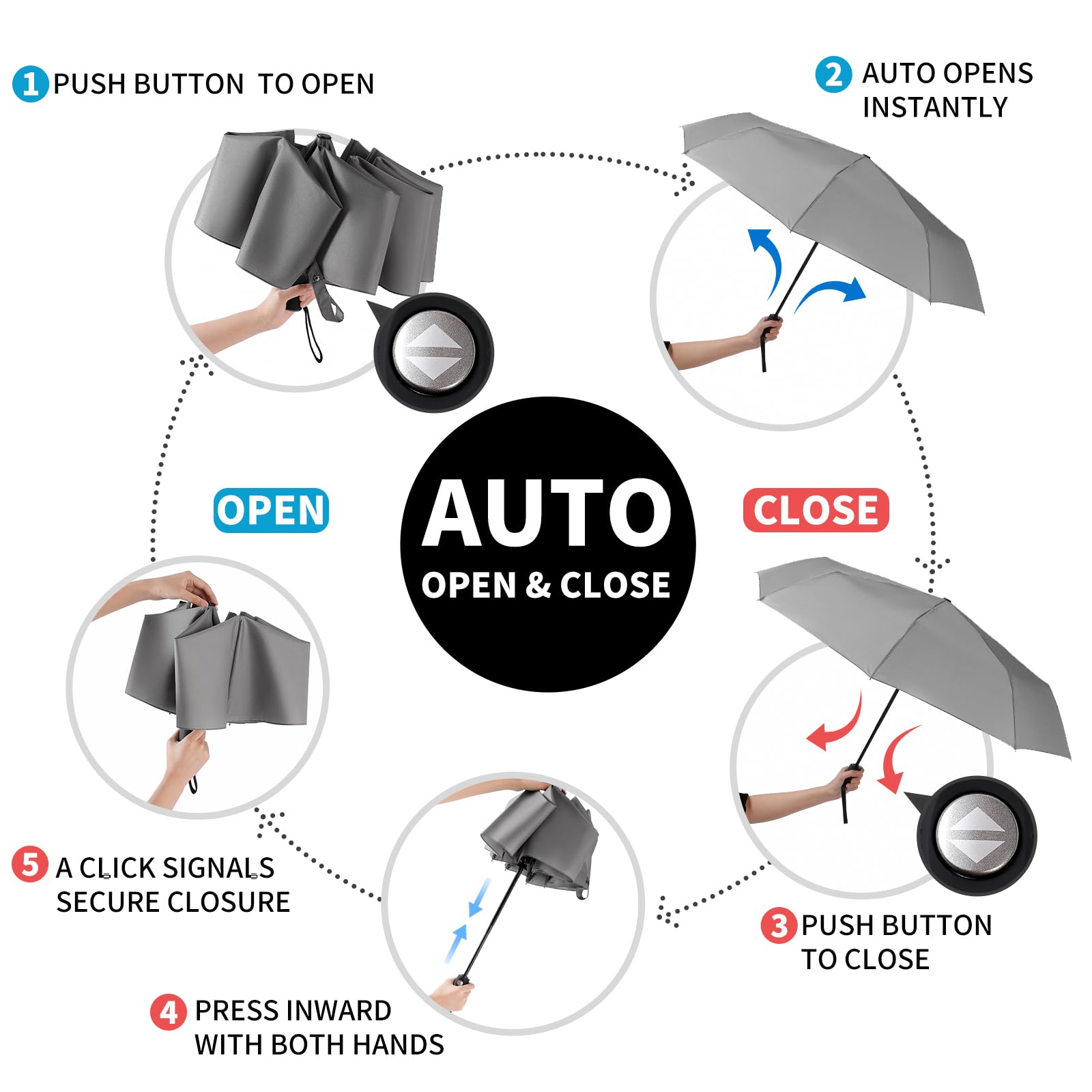 Anntrue Windproof Travel Umbrella, Auto Open Close Lightweight Compact Portable Backpack Folding Umbrella, Perfect for Car, Purse, Men and Women(Gray)