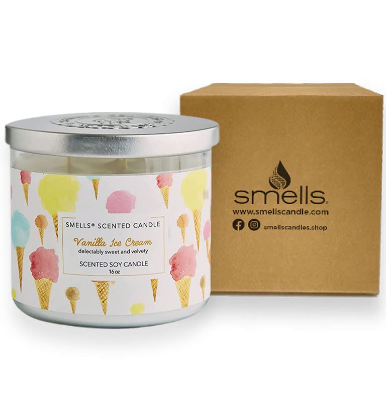 Smells - Premium Soy Wax Round Jar Scented Candle 16oz. - 100% Cotton 3-Wicks - Fragrance That Eliminates Home and Office Odors: Food, Pets, Smoke and Others (1-Pack, Vanilla Ice Cream)