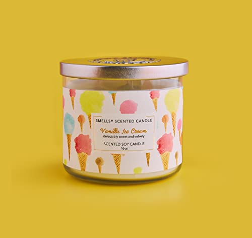 Smells - Premium Soy Wax Round Jar Scented Candle 16oz. - 100% Cotton 3-Wicks - Fragrance That Eliminates Home and Office Odors: Food, Pets, Smoke and Others (1-Pack, Vanilla Ice Cream)