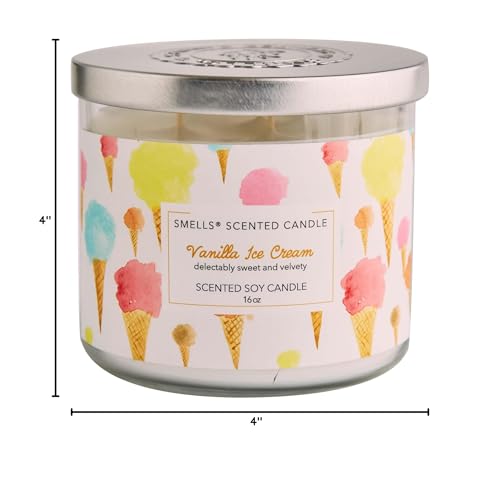 Smells - Premium Soy Wax Round Jar Scented Candle 16oz. - 100% Cotton 3-Wicks - Fragrance That Eliminates Home and Office Odors: Food, Pets, Smoke and Others (1-Pack, Vanilla Ice Cream)