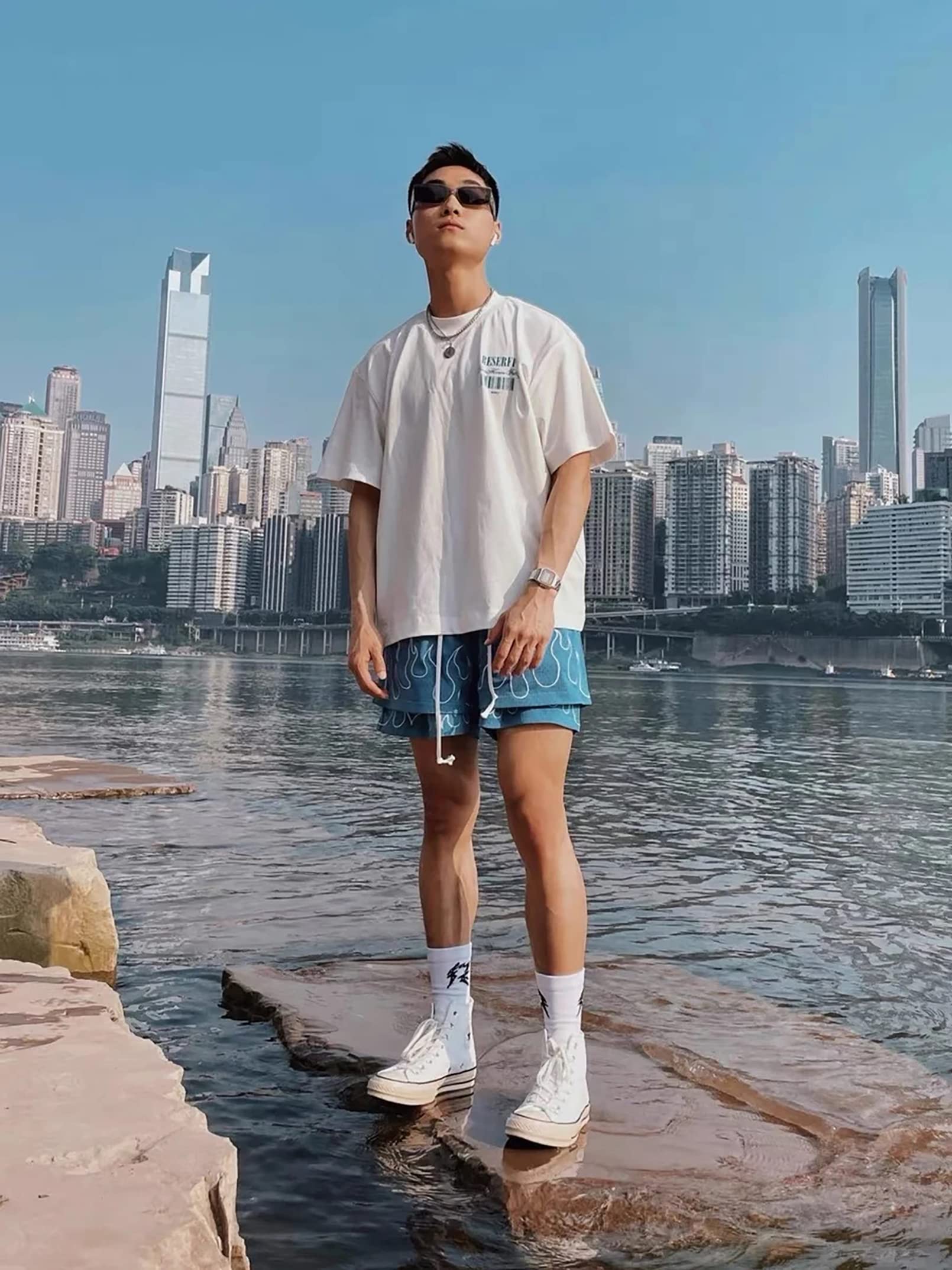 BOOMLEMON Men's Basketball Shorts Gym Workout Athletic Running Shorts Mesh Graphic Print Casual Short Pants(Blue L)