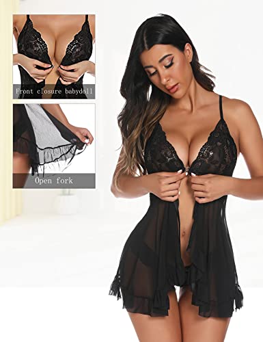 Queenfox Lingerie for Women Front Closure Babydoll Lace Chemise V Neck Ruffle Nightgown Sleepwear Black