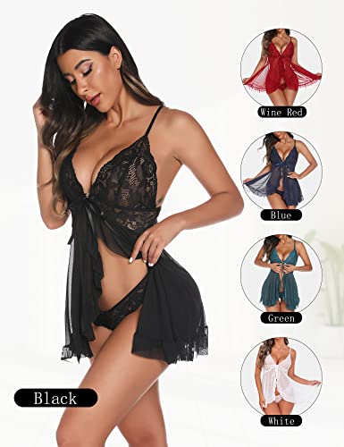 Queenfox Lingerie for Women Front Closure Babydoll Lace Chemise V Neck Ruffle Nightgown Sleepwear Black