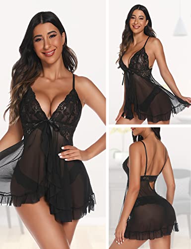 Queenfox Lingerie for Women Front Closure Babydoll Lace Chemise V Neck Ruffle Nightgown Sleepwear Black