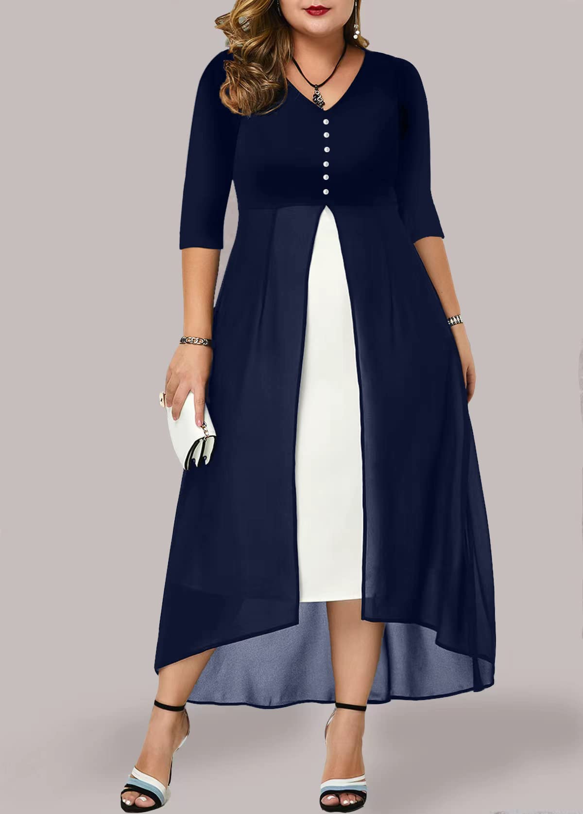 Jumpfolia Women's Plus Size 3/4 Sleeve V Neck Chiffon Contrast Panel Cocktail Semi Formal Midi Dresses Navy Blue
