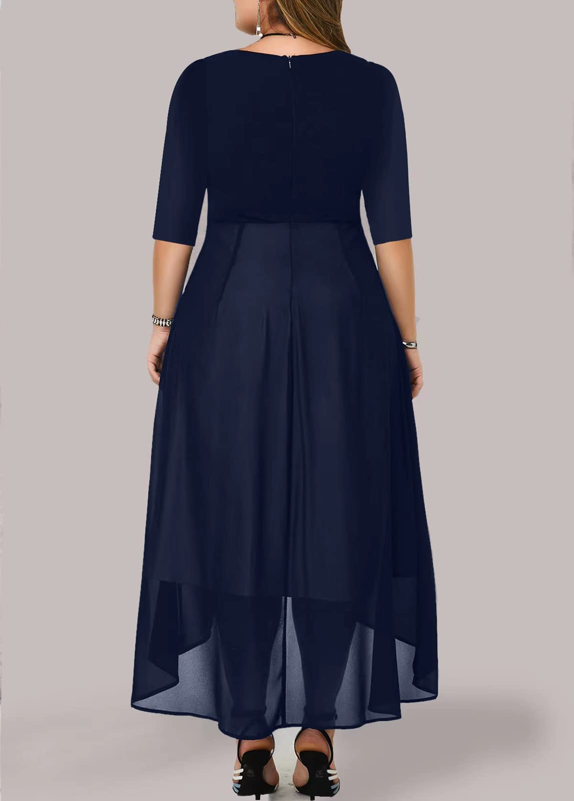 Jumpfolia Women's Plus Size 3/4 Sleeve V Neck Chiffon Contrast Panel Cocktail Semi Formal Midi Dresses Navy Blue