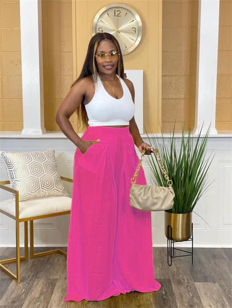 Miiyana Womens Wide Leg Palazzo Pants High Waisted Paperbag Pants Flare Long Pants Hot Pink XL