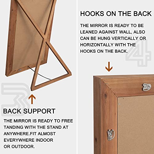 Trvone Full Length Mirror Solid Wood Frame Mirror Floor Mirror with Standing Holder Vertical and Horizontal Hanging Wall Mirror Dressing Mirror for Bedroom Living Room(65"x22", Tawny Brown)