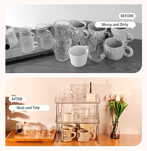 Stackable Cabinet Organizers and Storage, 2 Packs Storage Shelf Organizer Stand Racks, Stackable Shelves for Cabinets & Countertop,cupboard kitchen organization bathroom cosmetics organizer (2 PACK)