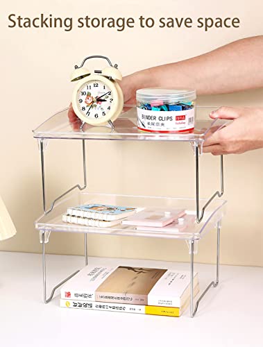Stackable Cabinet Organizers and Storage, 2 Packs Storage Shelf Organizer Stand Racks, Stackable Shelves for Cabinets & Countertop,cupboard kitchen organization bathroom cosmetics organizer (2 PACK)