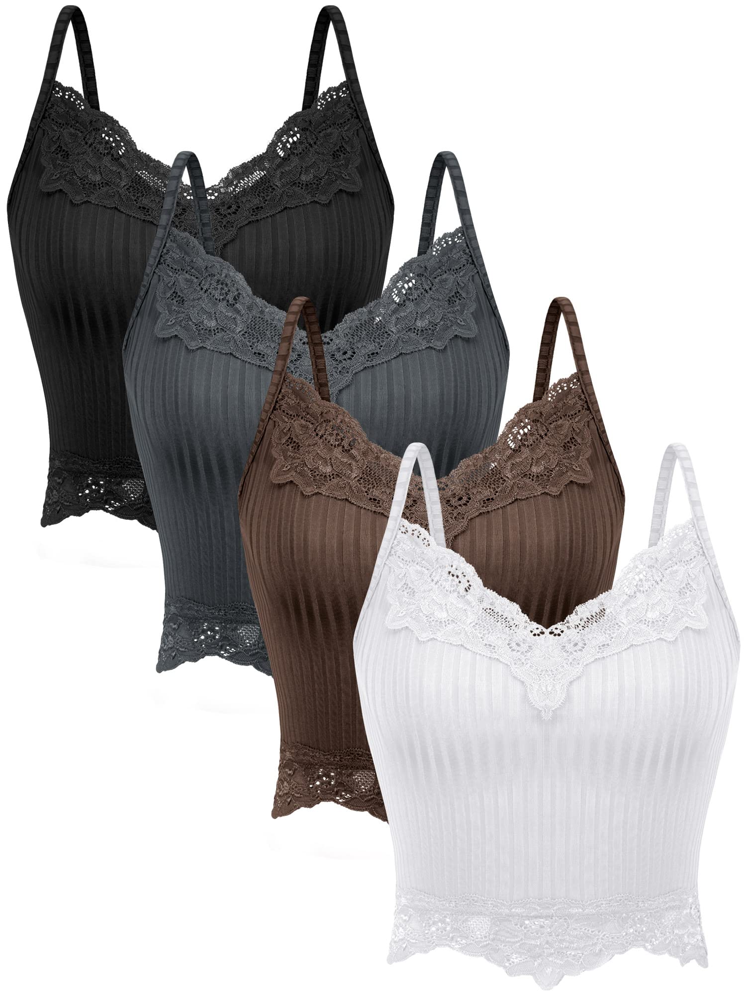 Bencailor 4 Pcs Lace Y2k Tank Tops Fairy Grunge Clothes Crop Tops Lace Patchwork Cami Ribbed Knitted Tank for Women(XX-Large,Black, White, Skin, Gray)