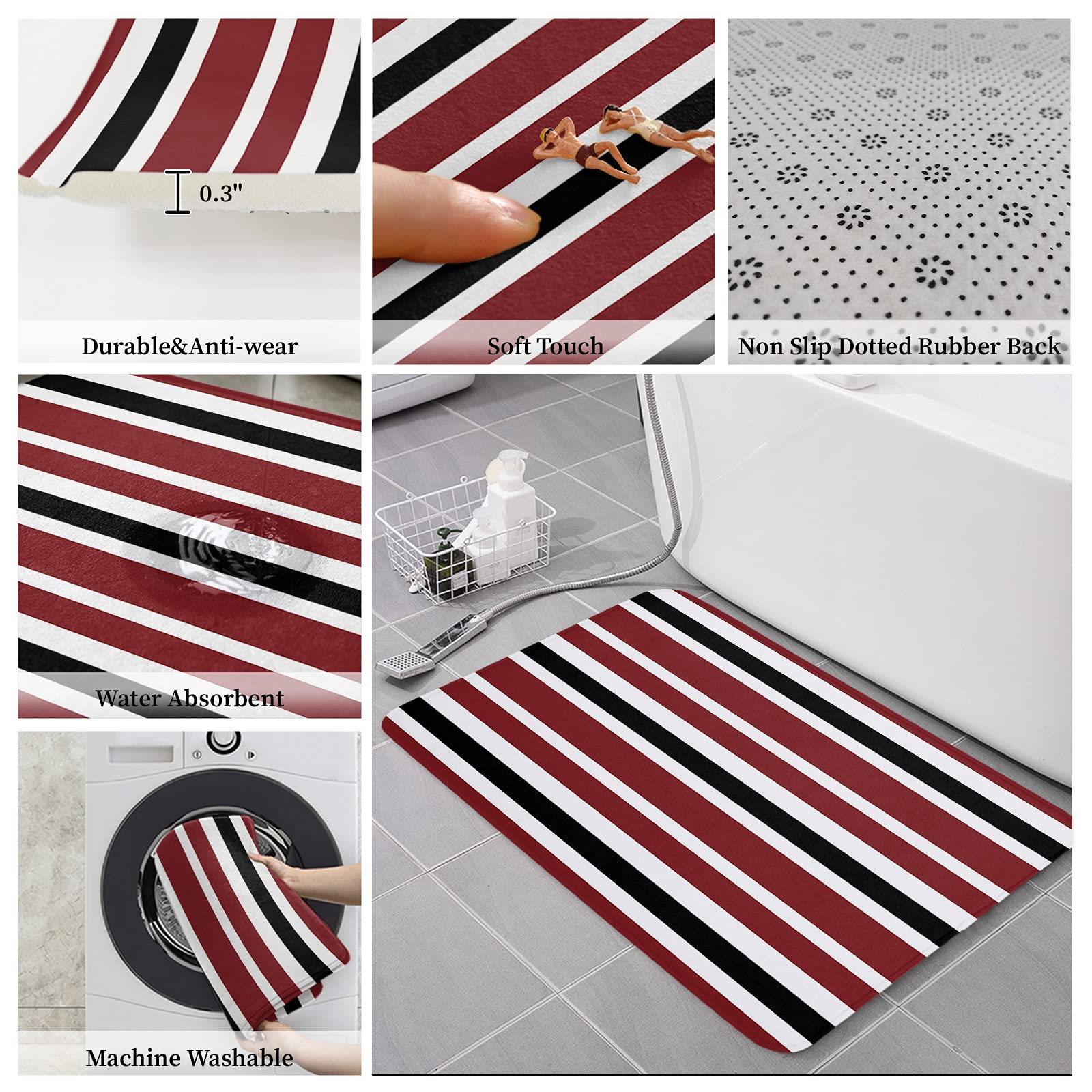 Libaoge Kitchen Mat Rug Set of 2 Red Black White Stripe Runner Rug Anti-Fatigue Comfort Memory Foam Standing Mat Non-Slip Floor Door Mat for Bathroom 23.6x35.4in+23.6x70.9in