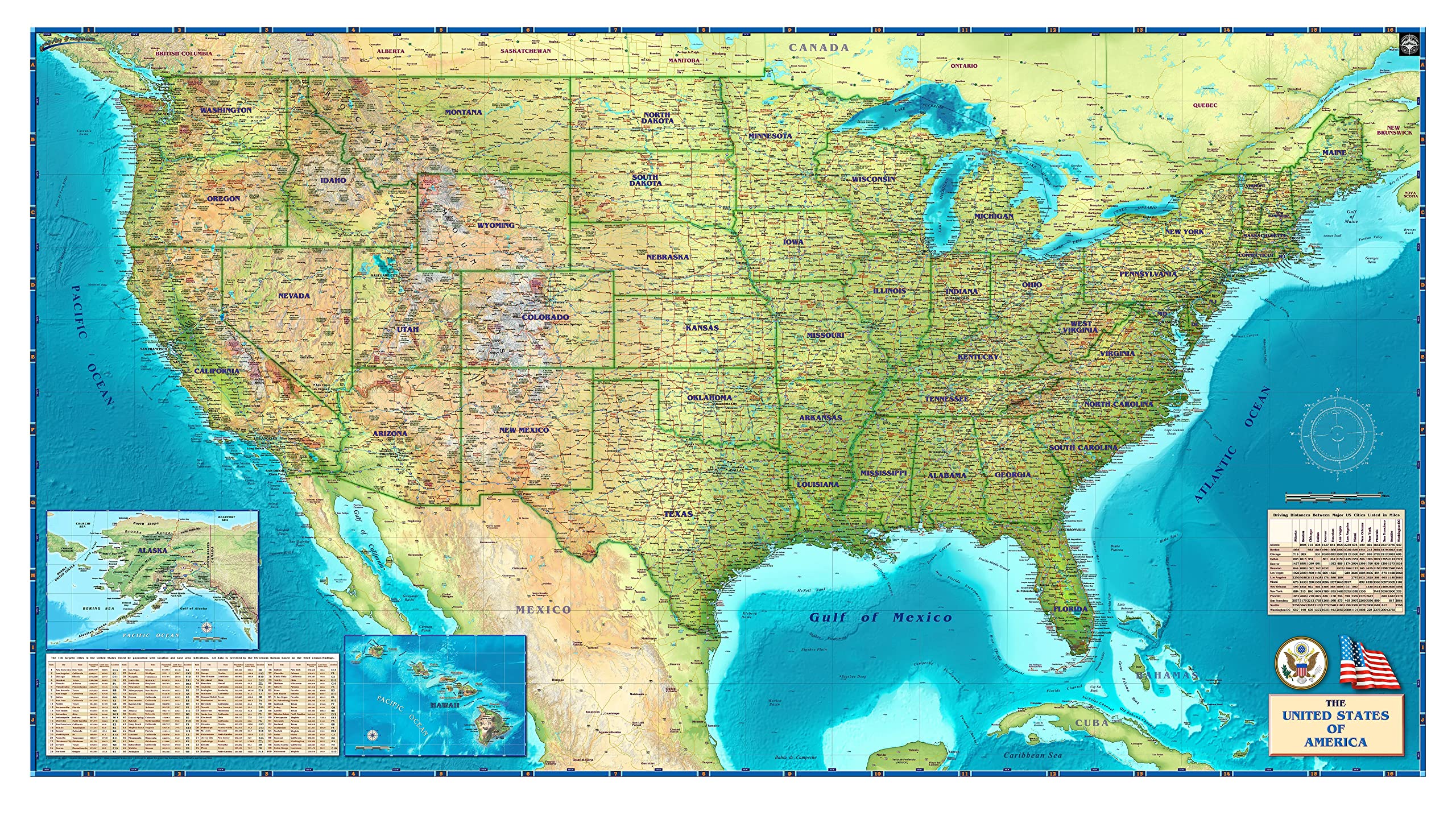 American Map Store 72 W x 40 H - United States of America Wall Map - Extra Large - Features Shaded Relief Topography - Colorful, Decorative