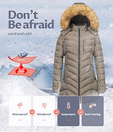 CREATMO US Women's Winter Hooded Faux Fur Coat Waterproof Warm Long Puffer Winter Thicken Parkas Coats Brown L