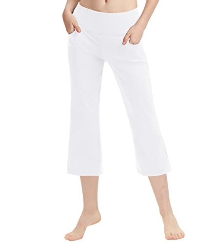 Zeronic Women's Yoga Capri Pants with Pockets Flare Workout Lounge Bootleg Leggings Bootcut Crop Exercise Pants(White,XX-Large)