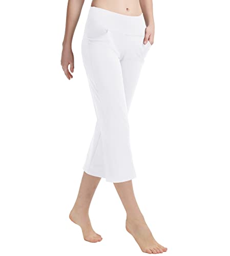 Zeronic Women's Yoga Capri Pants with Pockets Flare Workout Lounge Bootleg Leggings Bootcut Crop Exercise Pants(White,XX-Large)
