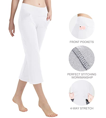 Zeronic Women's Yoga Capri Pants with Pockets Flare Workout Lounge Bootleg Leggings Bootcut Crop Exercise Pants(White,XX-Large)