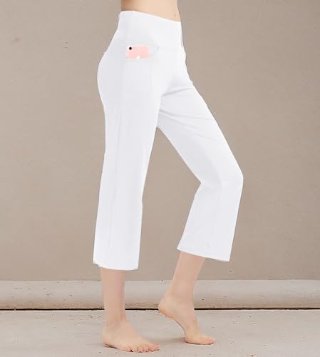 Zeronic Women's Yoga Capri Pants with Pockets Flare Workout Lounge Bootleg Leggings Bootcut Crop Exercise Pants(White,XX-Large)