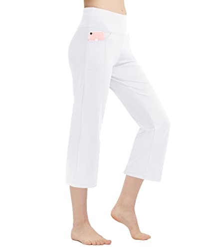 Zeronic Women's Yoga Capri Pants with Pockets Flare Workout Lounge Bootleg Leggings Bootcut Crop Exercise Pants(White,XX-Large)