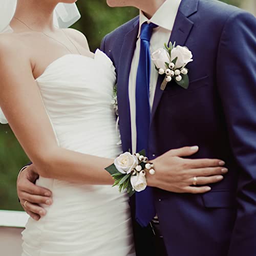 FAYBOX Wrist Corsage Wristlet and Men Boutonniere Set Bridesmaid Wedding Party Prom Hand Flower Decor(2Pcs Ivory Set)