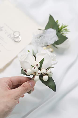 FAYBOX Wrist Corsage Wristlet and Men Boutonniere Set Bridesmaid Wedding Party Prom Hand Flower Decor(2Pcs Ivory Set)
