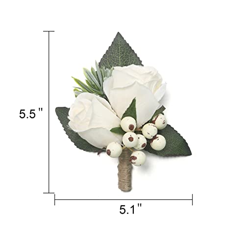 FAYBOX Wrist Corsage Wristlet and Men Boutonniere Set Bridesmaid Wedding Party Prom Hand Flower Decor(2Pcs Ivory Set)