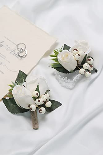 FAYBOX Wrist Corsage Wristlet and Men Boutonniere Set Bridesmaid Wedding Party Prom Hand Flower Decor(2Pcs Ivory Set)