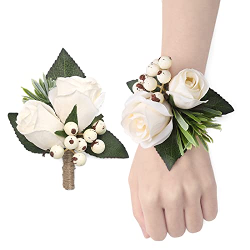 FAYBOX Wrist Corsage Wristlet and Men Boutonniere Set Bridesmaid Wedding Party Prom Hand Flower Decor(2Pcs Ivory Set)