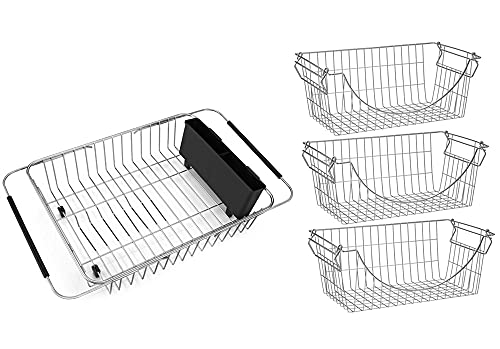 SANNO Over The Sink Dish Drainer Dish Drying Rack+Stackable Storage Baskets Cubby Bins for Kitchen