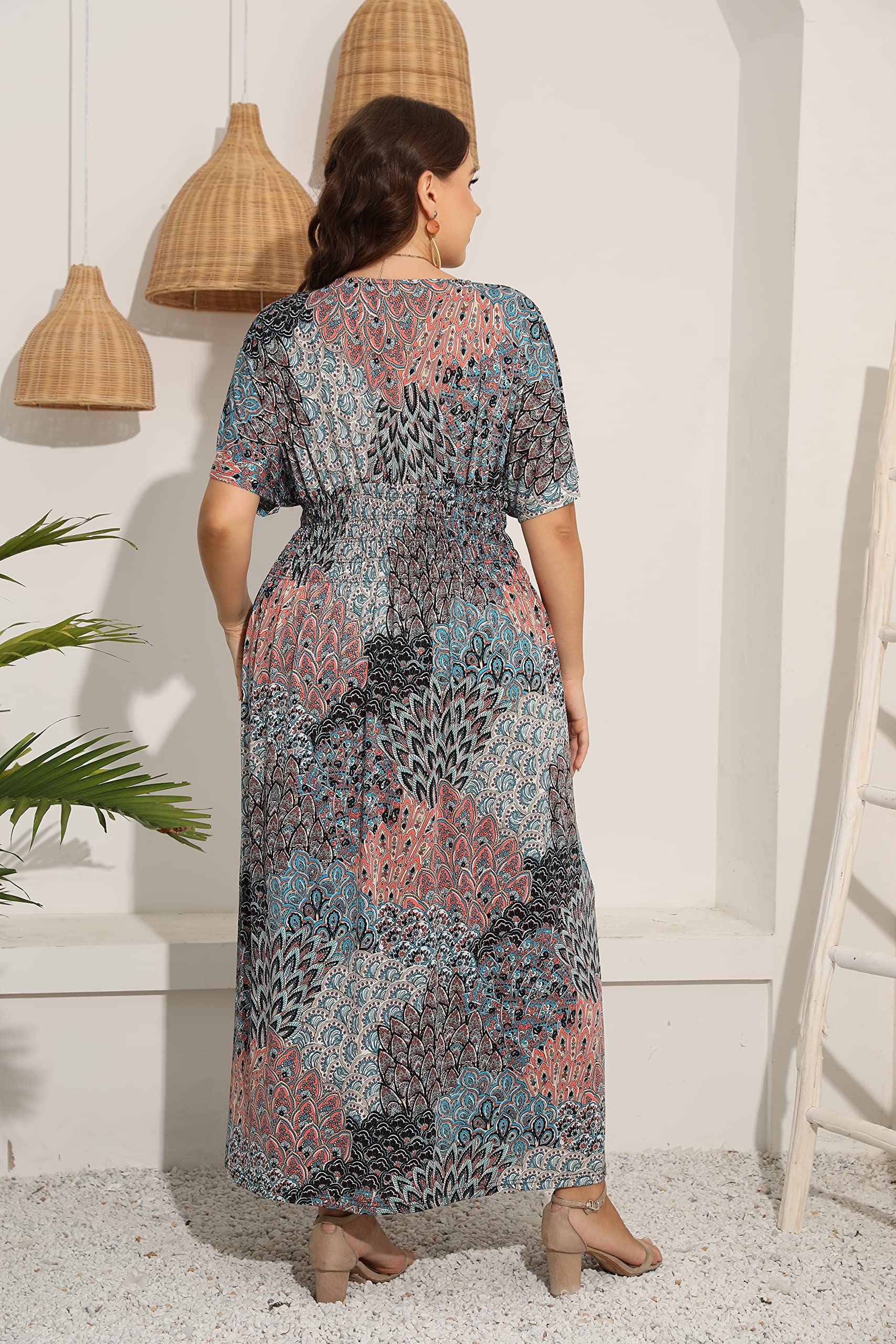OSTOO Women's Plus Size Hawaii Empire Waist Bat Short Sleeve Casual Floral Print Boho Maxi Dress(Flower 3,4XL