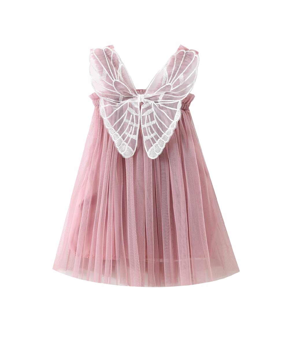 Toddler Baby Girls Princess Butterfly Wings Fairy Dresses Layered Sleeveless Tulle Tutu Dress Birthday Party Casual Outfit (Pink, 18-24 Months)