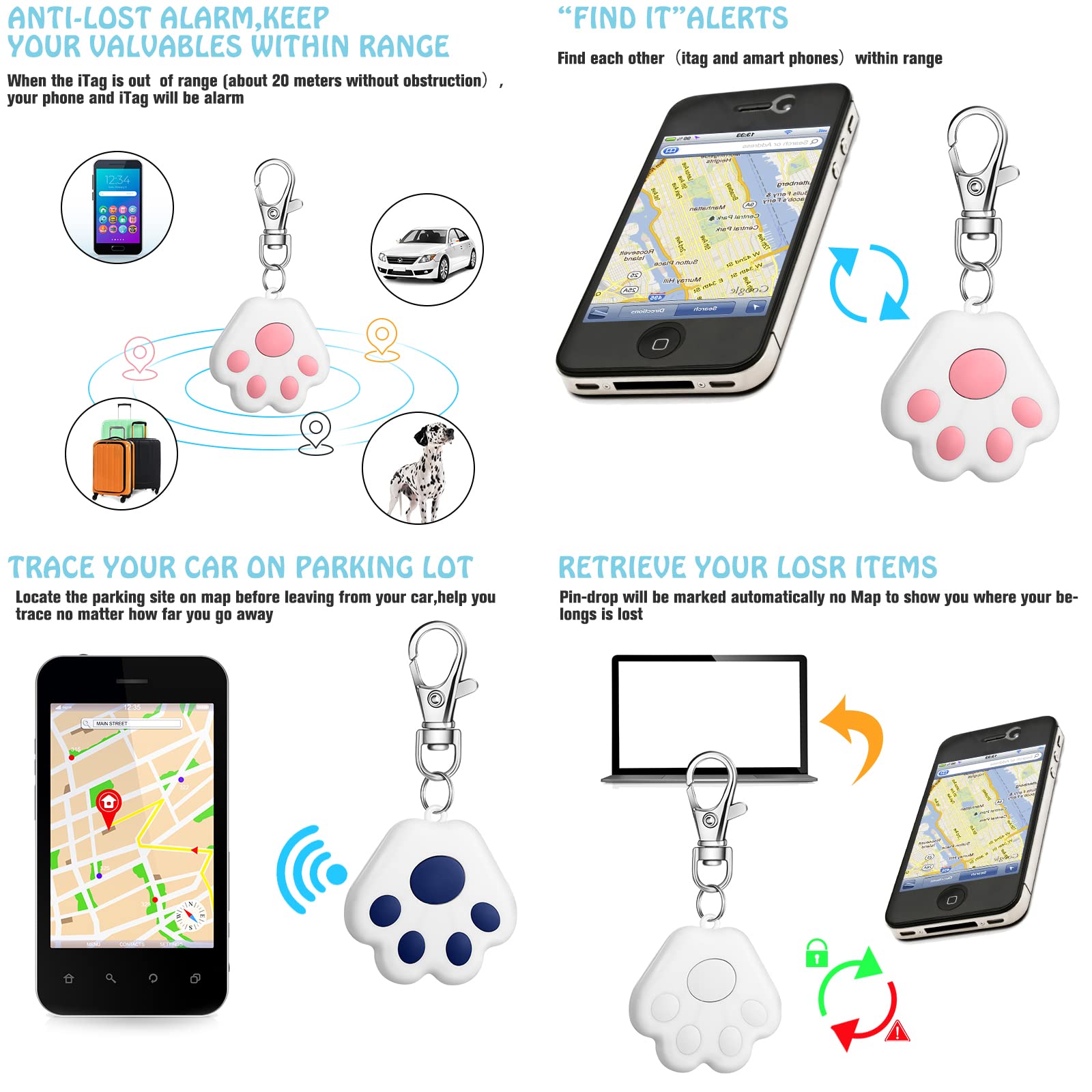 8 Pcs Smart GPS Dog Tracker Kids GPS Keychain Tracker Trackable Key Finders Cute Pet Locator Portable Tracking Devices for Kids Pets Dog Cat Collar Wallet Luggage Smart Phone