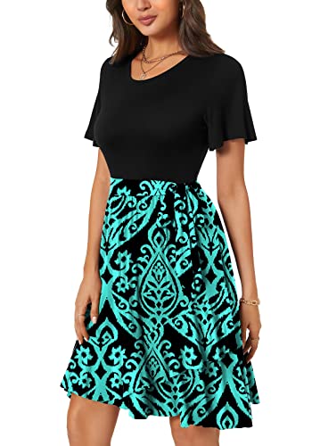 Aodemo Women's Summer Flutter Sleeves Empire Waist T-Shirt Dresses Patchwork Ruffle Hem Swing Tie Waist Dress L, Black/Fl Blue-Green