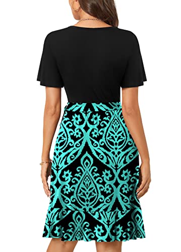 Aodemo Women's Summer Flutter Sleeves Empire Waist T-Shirt Dresses Patchwork Ruffle Hem Swing Tie Waist Dress L, Black/Fl Blue-Green